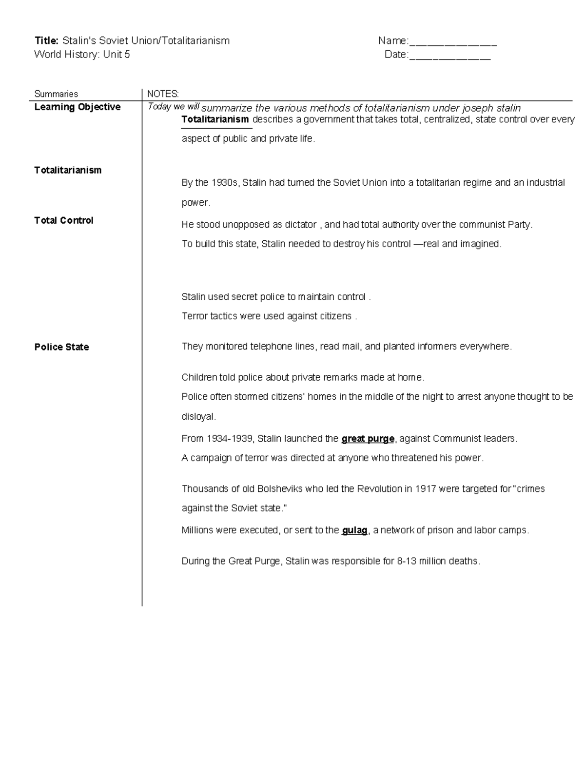 Soviet World History: Unit 5 - Stalin's Totalitarian Regime Notes - Studocu