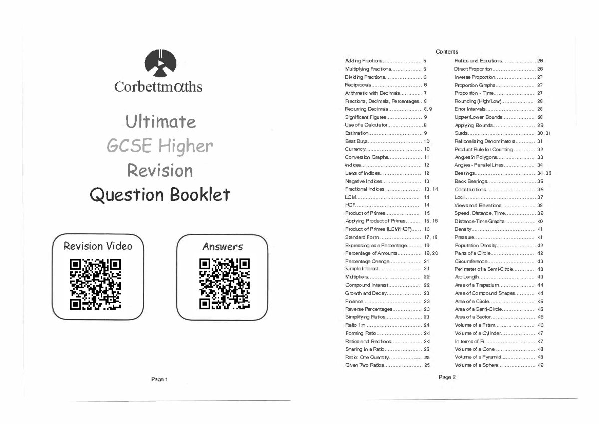 GCSE Higher Revision Question Booklet Answers - Studocu