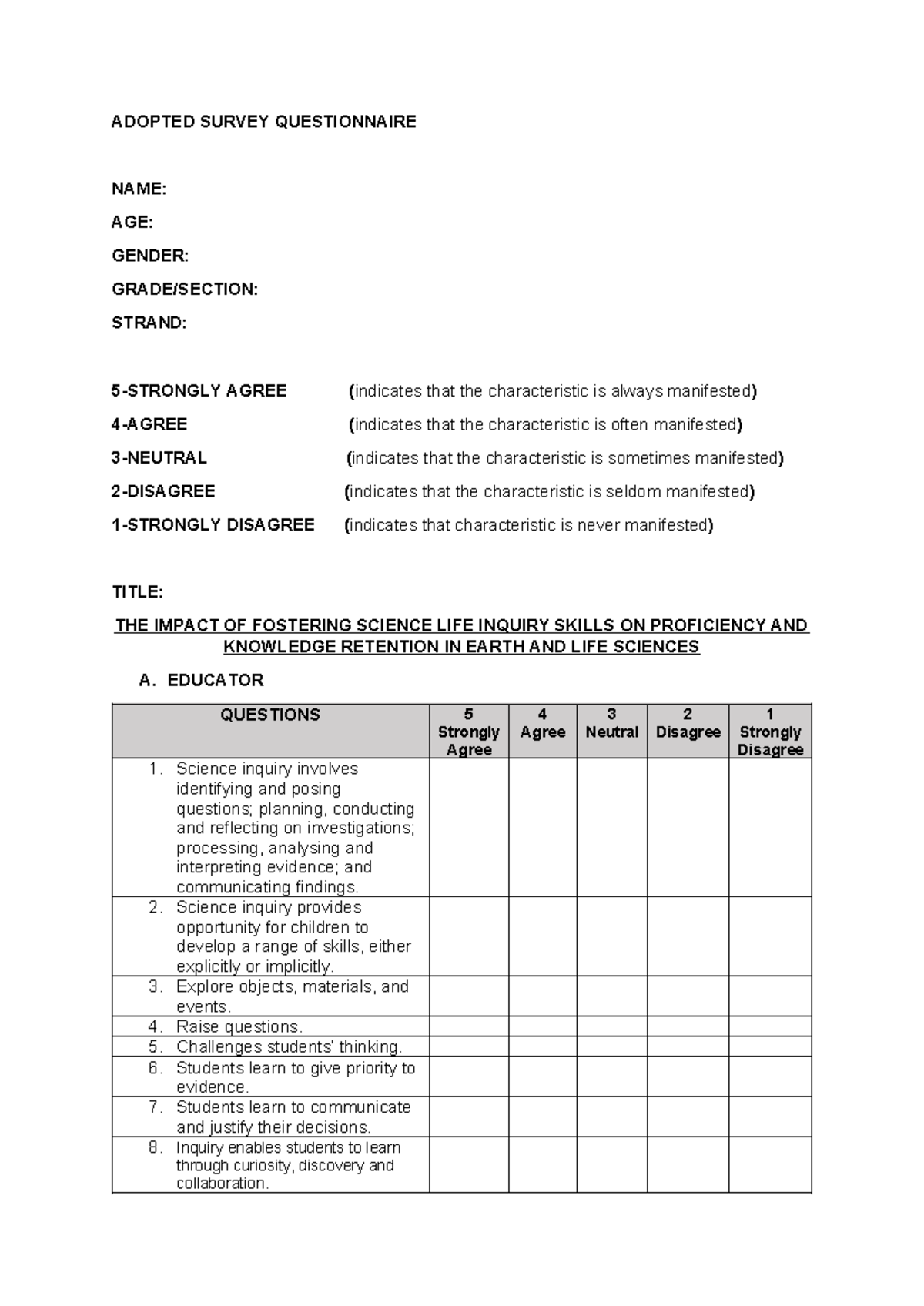 Adopted Survey Questionnaire: Assessing Science Inquiry Skills in Earth ...