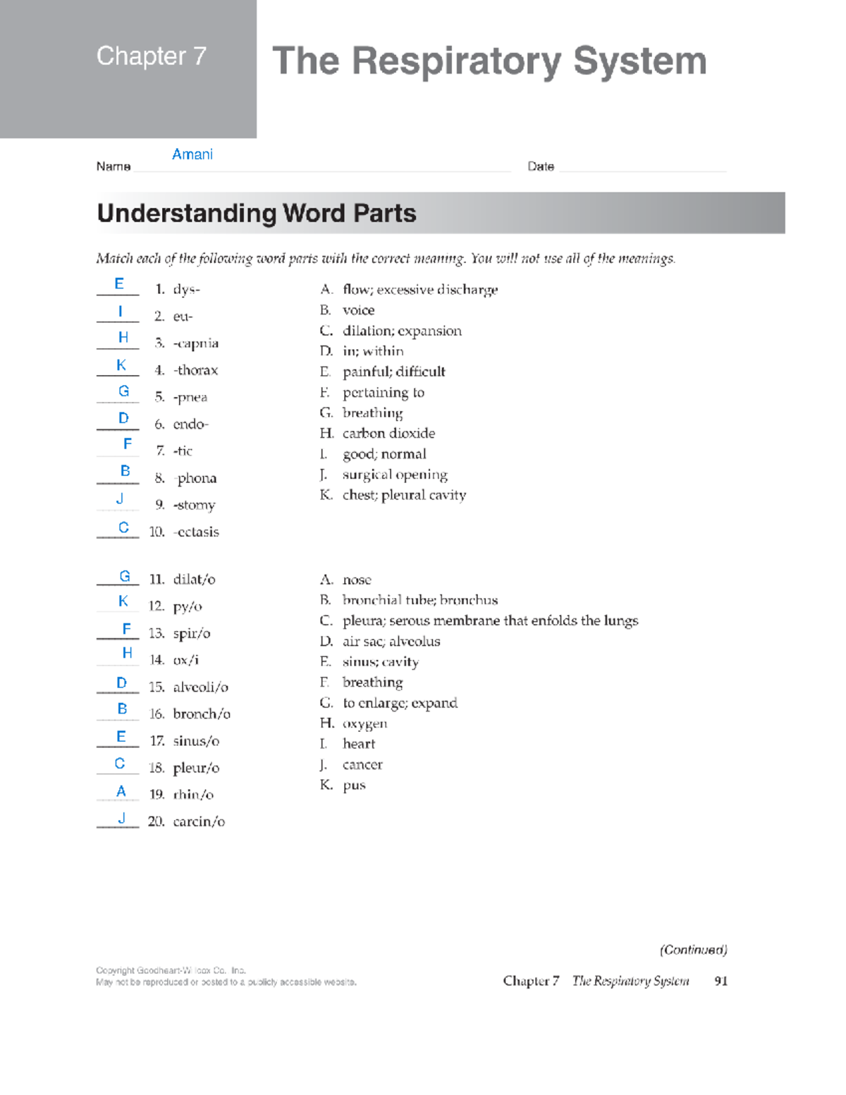Chapter 7: The Respiratory System - Word Parts Matching Activity - Studocu