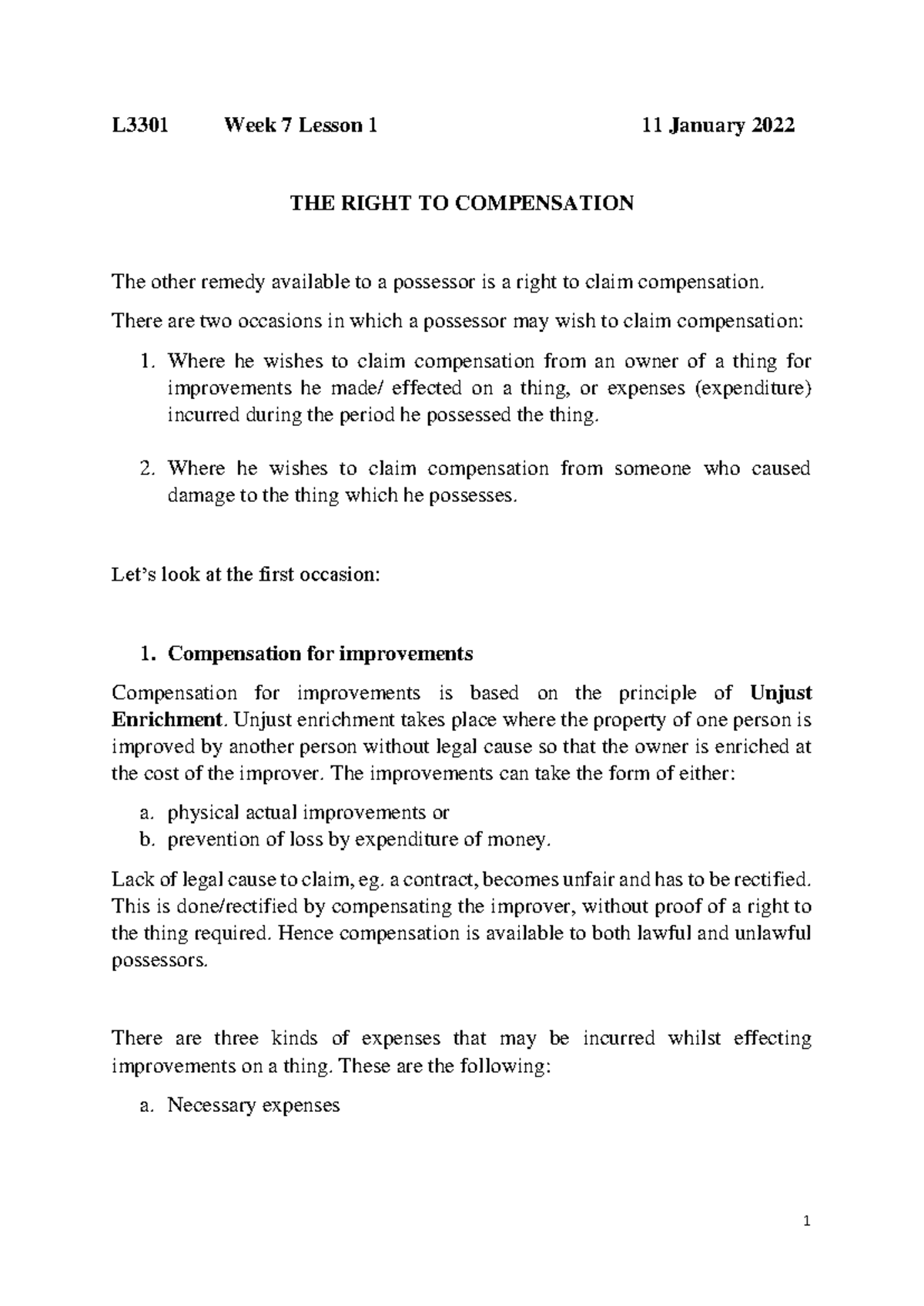 L3301 Week 7 Lesson 1: Understanding the Right to Compensation - Studocu