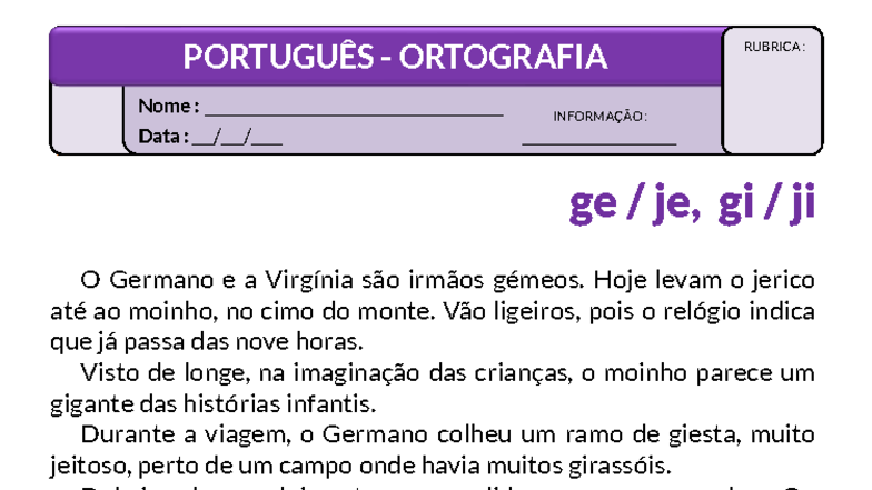 FICHA DE TRABALHO 12 - ORTOGRAFIA: ge, gi, je, ji - Studocu