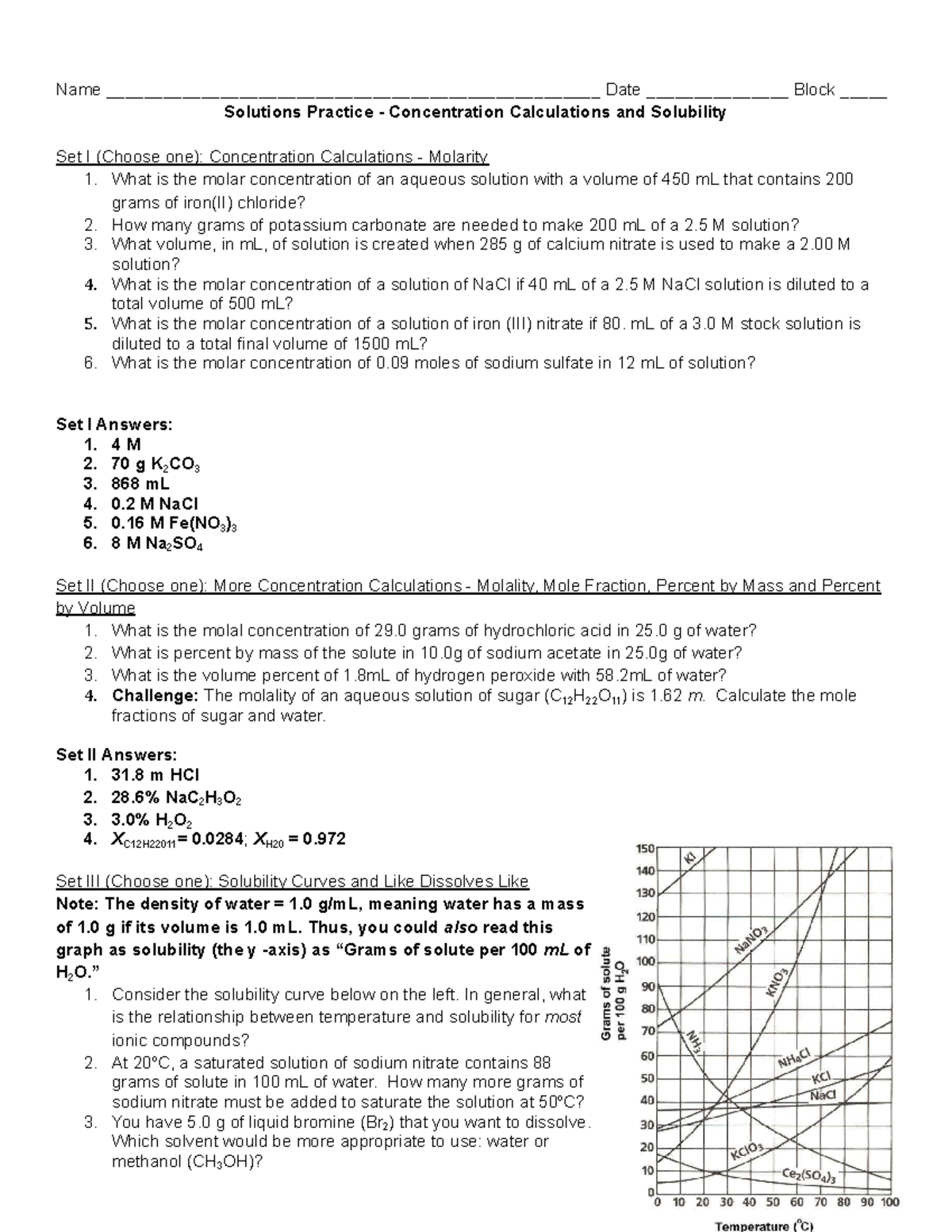 Solutions Practice Concentration Calculations Solubility Set I Ii