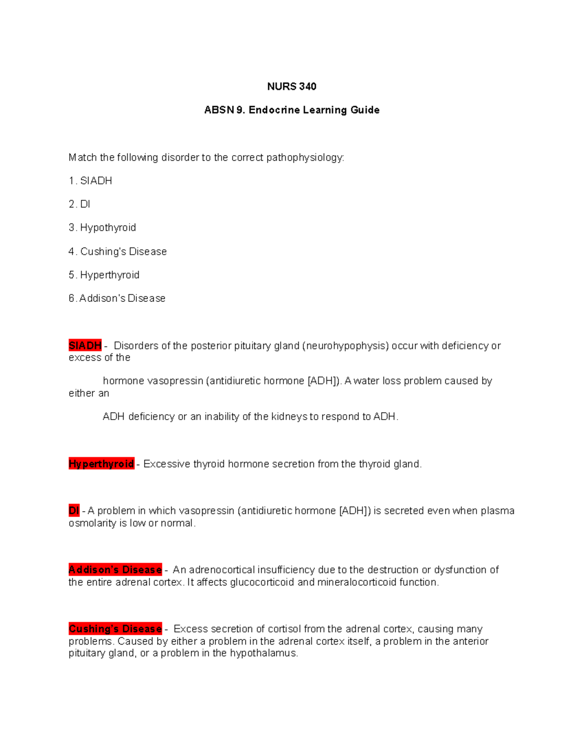 ABSN 9 Endocrine Learning Guide - NURS 340 ABSN 9. Endocrine Learning ...