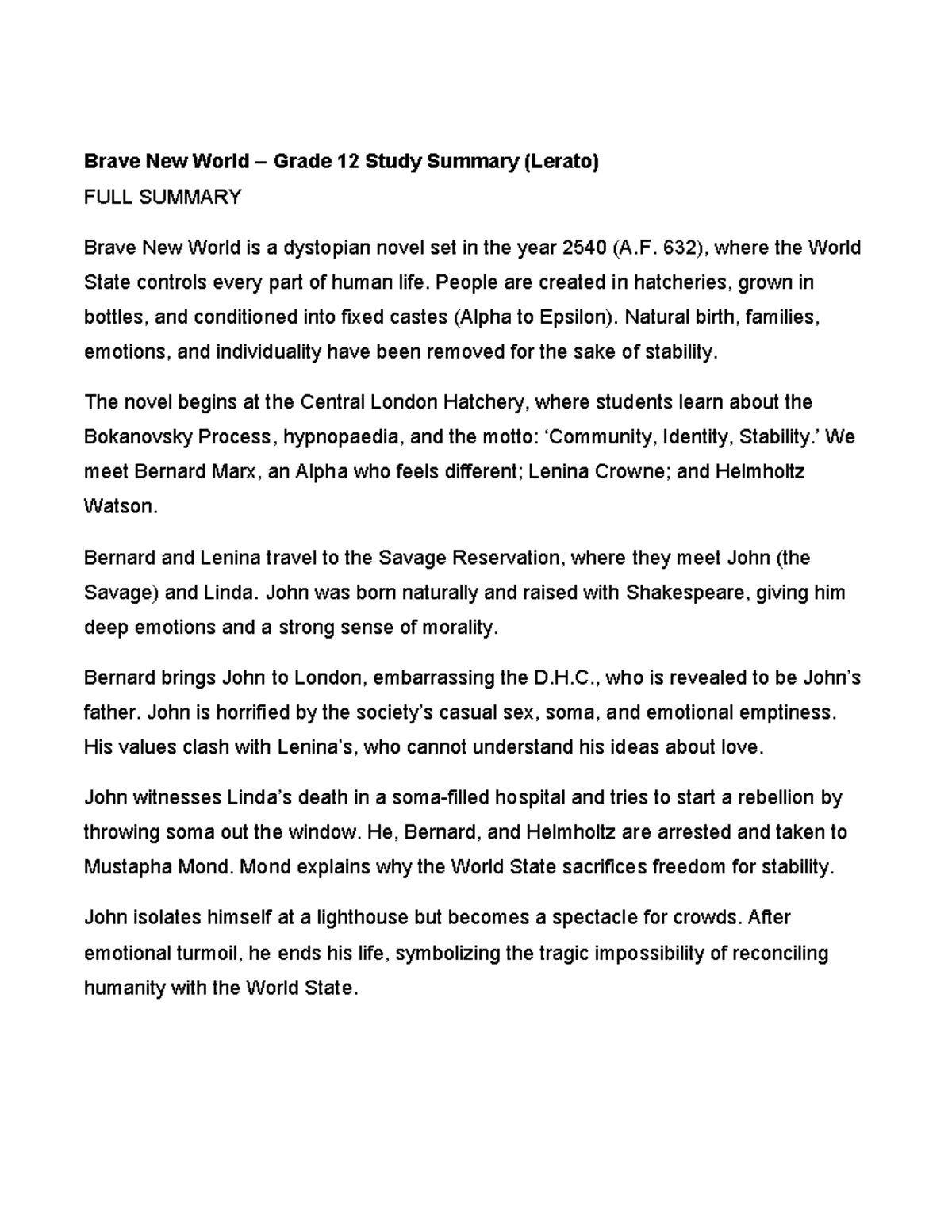 Grade 12 Brave New World Summary & Analysis (Lerato) - Studocu