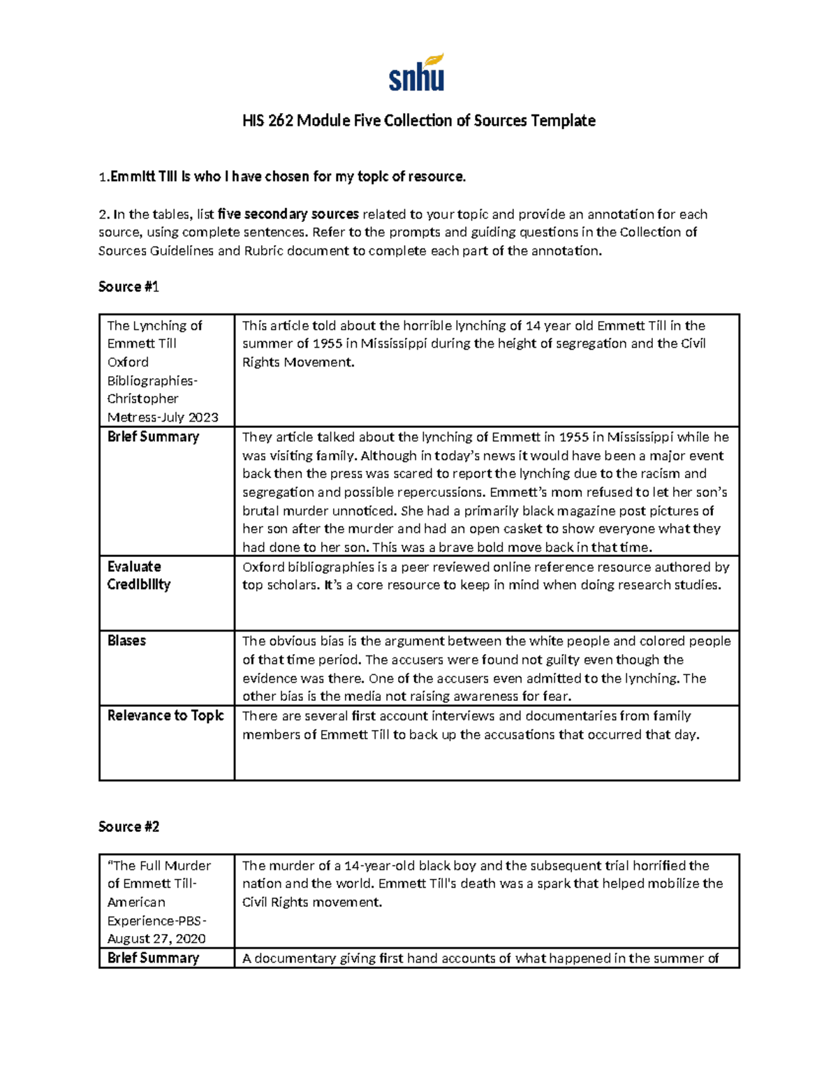 HIS 262 Module Five Collection of Sources Template - 2. In the tables ...