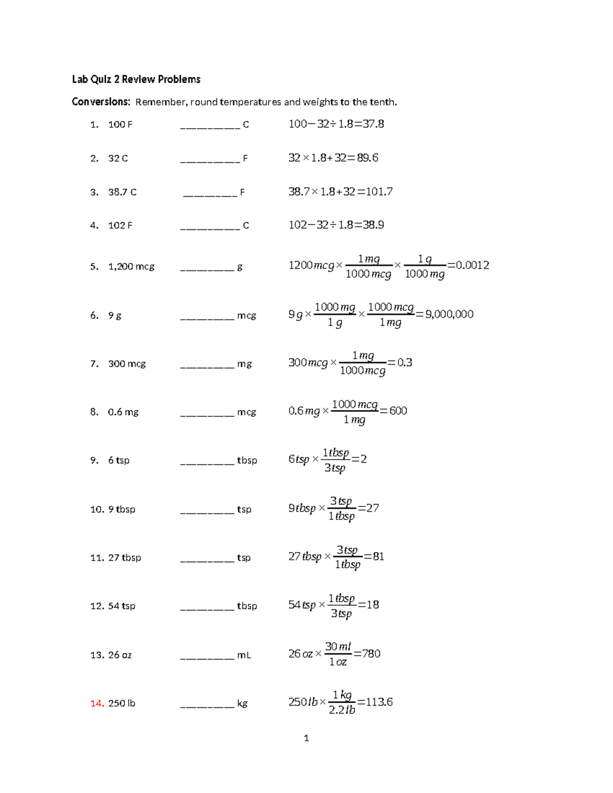 Lab Quiz 2 Review Problems: Conversions & Calculations Key - Studocu