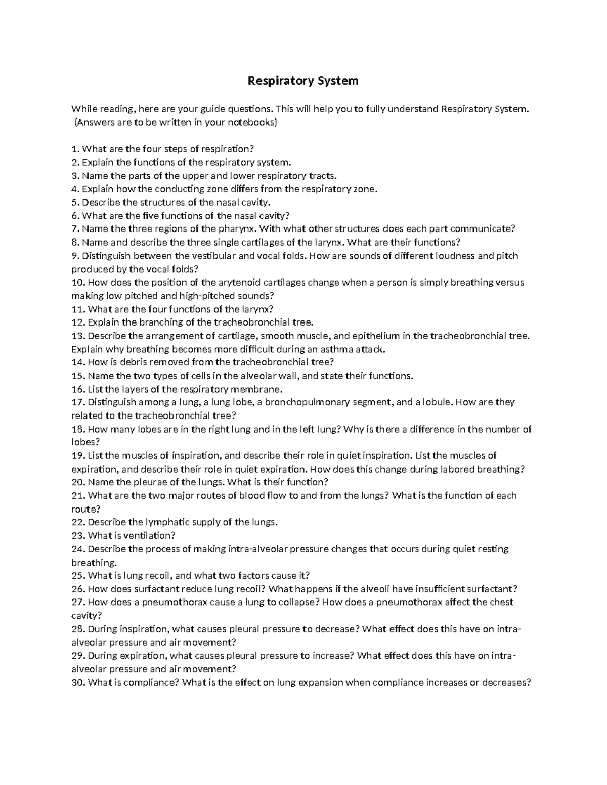 Respiratory System (BIO101) Study Guide Questions for Understanding ...