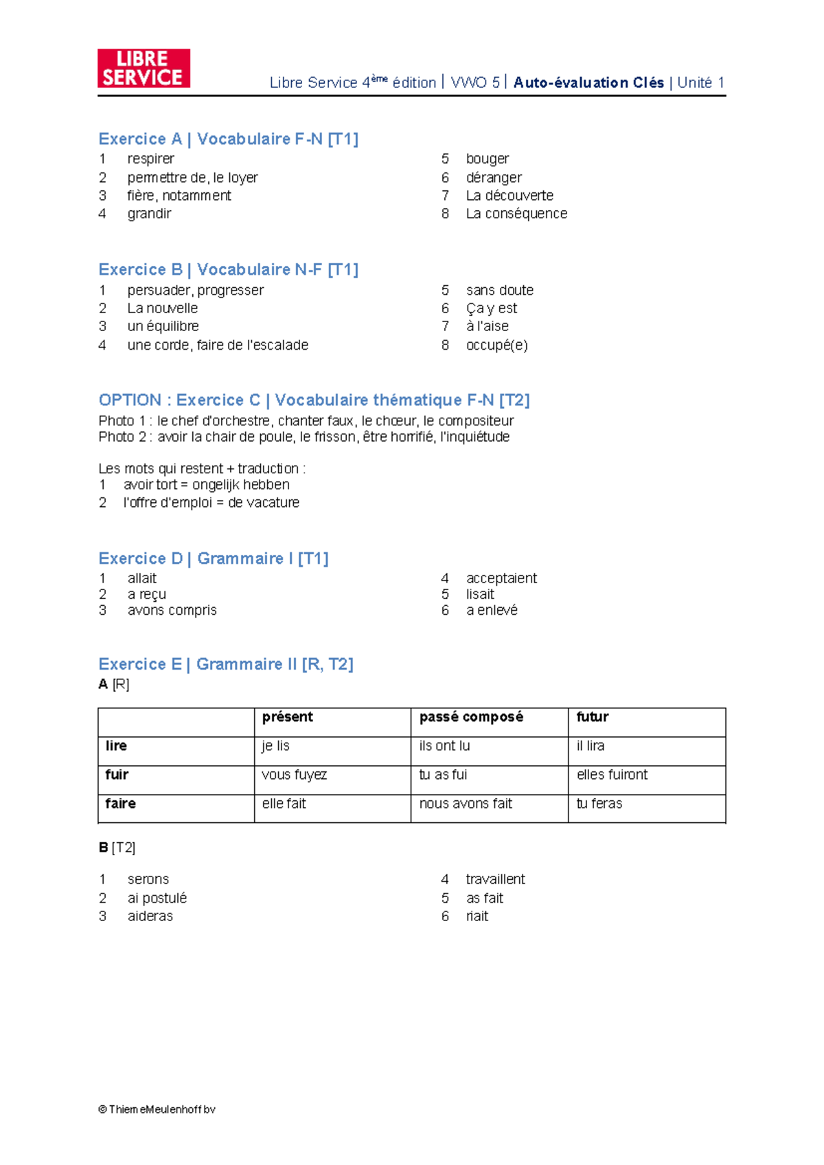Correction D-toets Unité 1 - Vocabulaire et Grammaire - Studeersnel