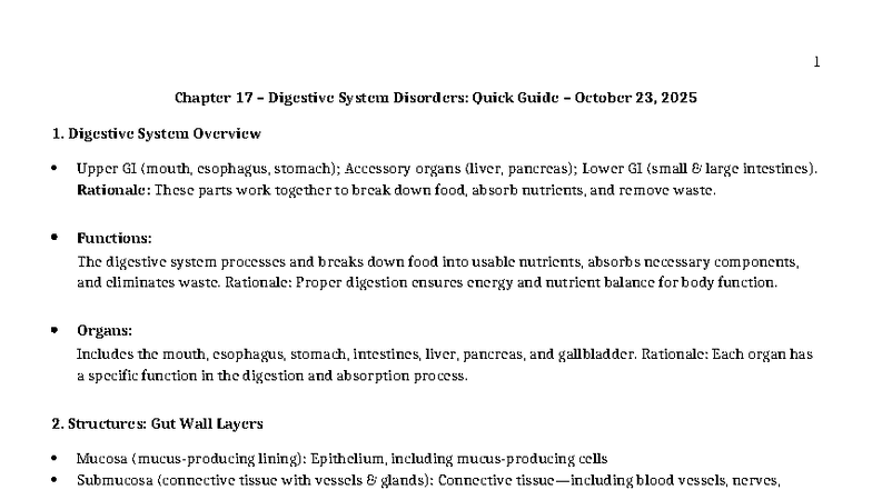 Chapter 17 Digestive System Disorders Quick Study Guide Studocu