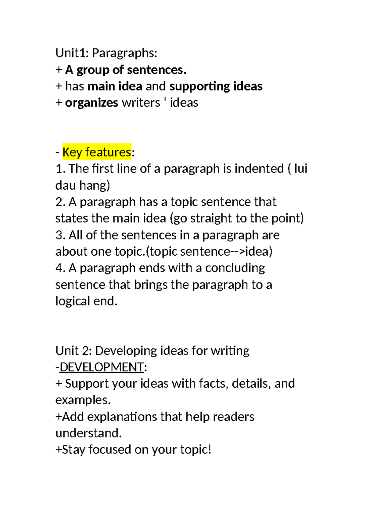Unit 1: Paragraph Structure and Idea Development Guide - Studocu