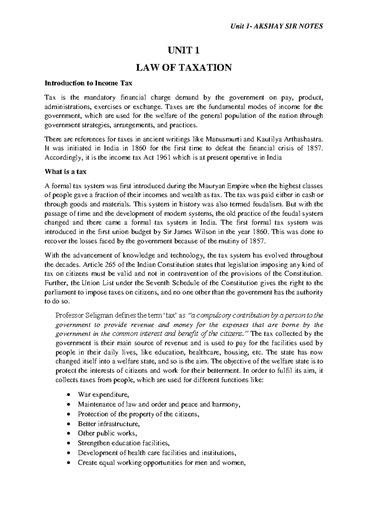 Taxation Notes - Unit 1: Comprehensive Overview and Key Concepts - Studocu