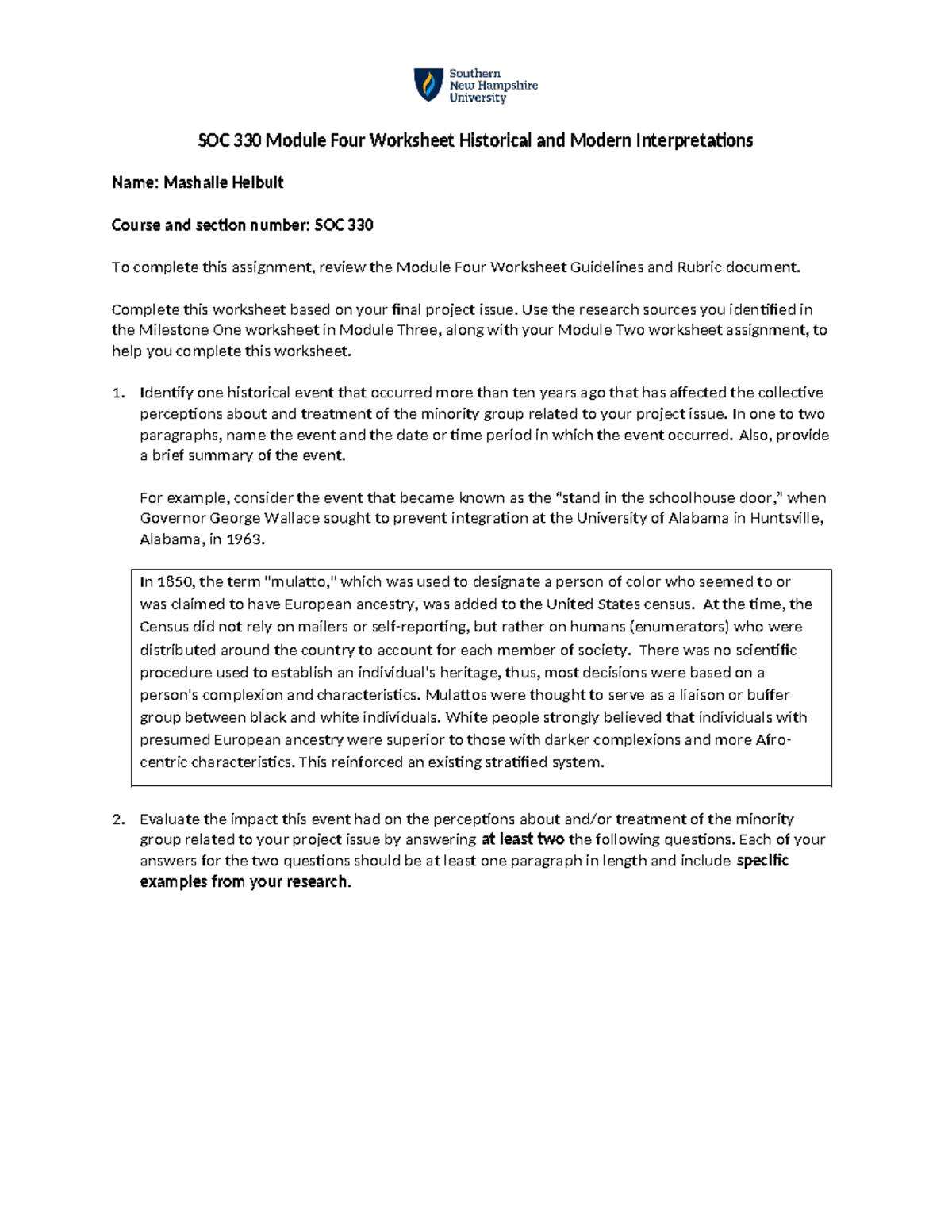 SOC 330 Module Four Worksheet: Historical & Modern Interpretations ...