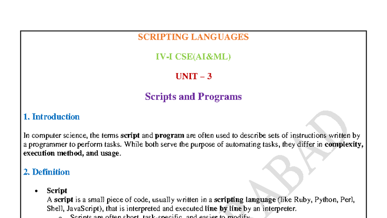 Unit 3: Introduction to Scripting Languages and Their Applications - Studocu