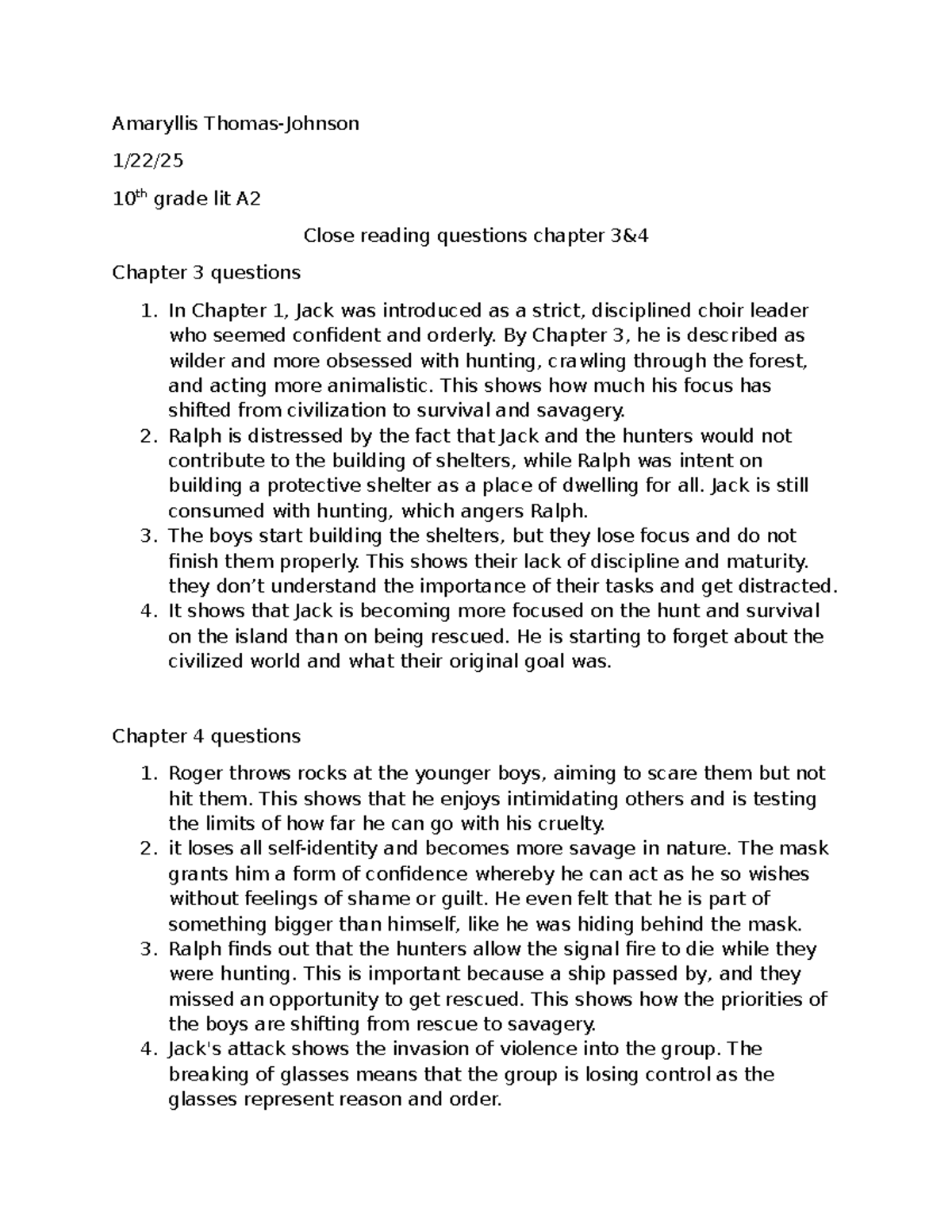 Close Reading Questions for Chapters 3 & 4 - 10th Grade Lit A2 - Studocu