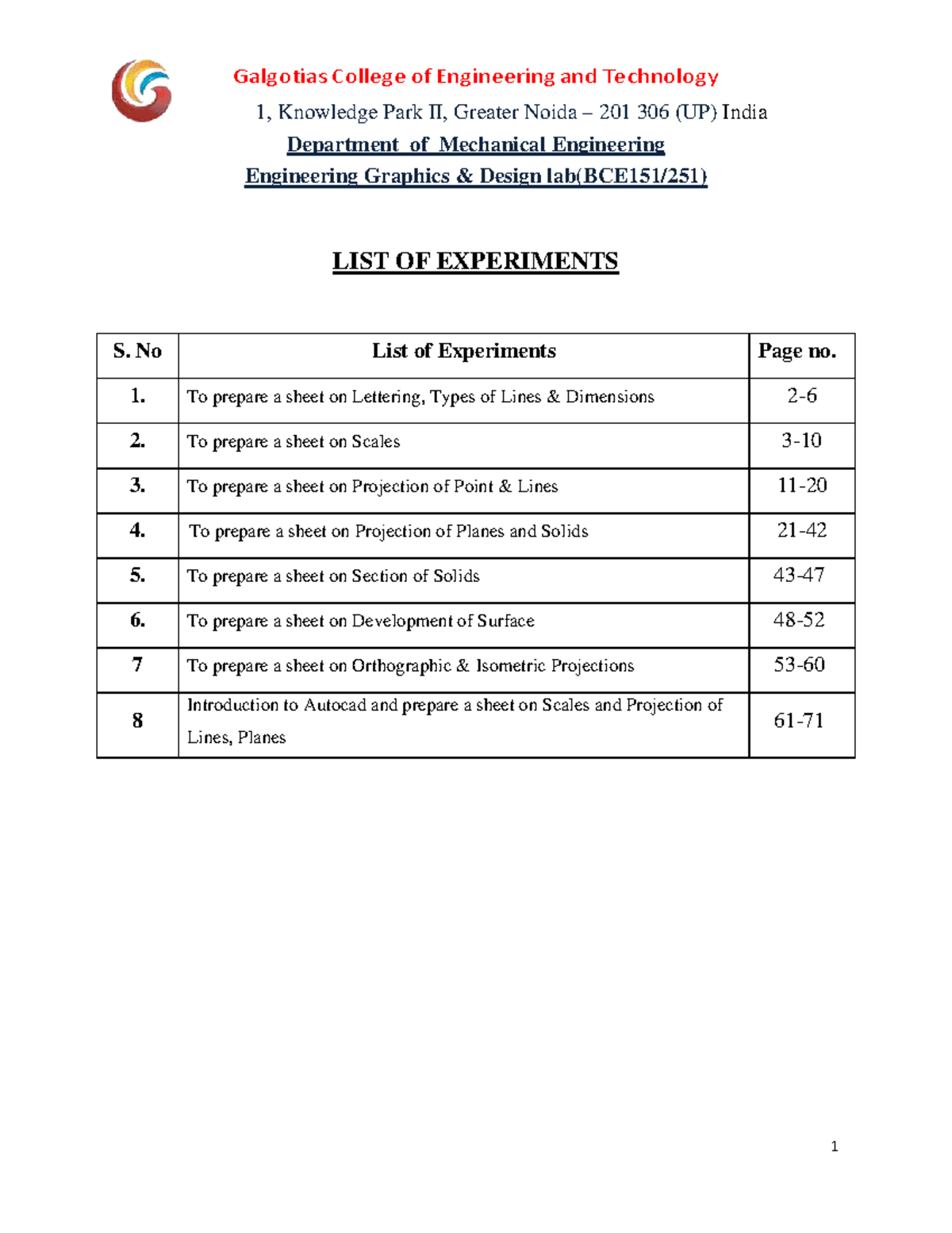 Lab Manual for Engineering Graphics Lab BCE251: Experiments and Procedures - Studocu
