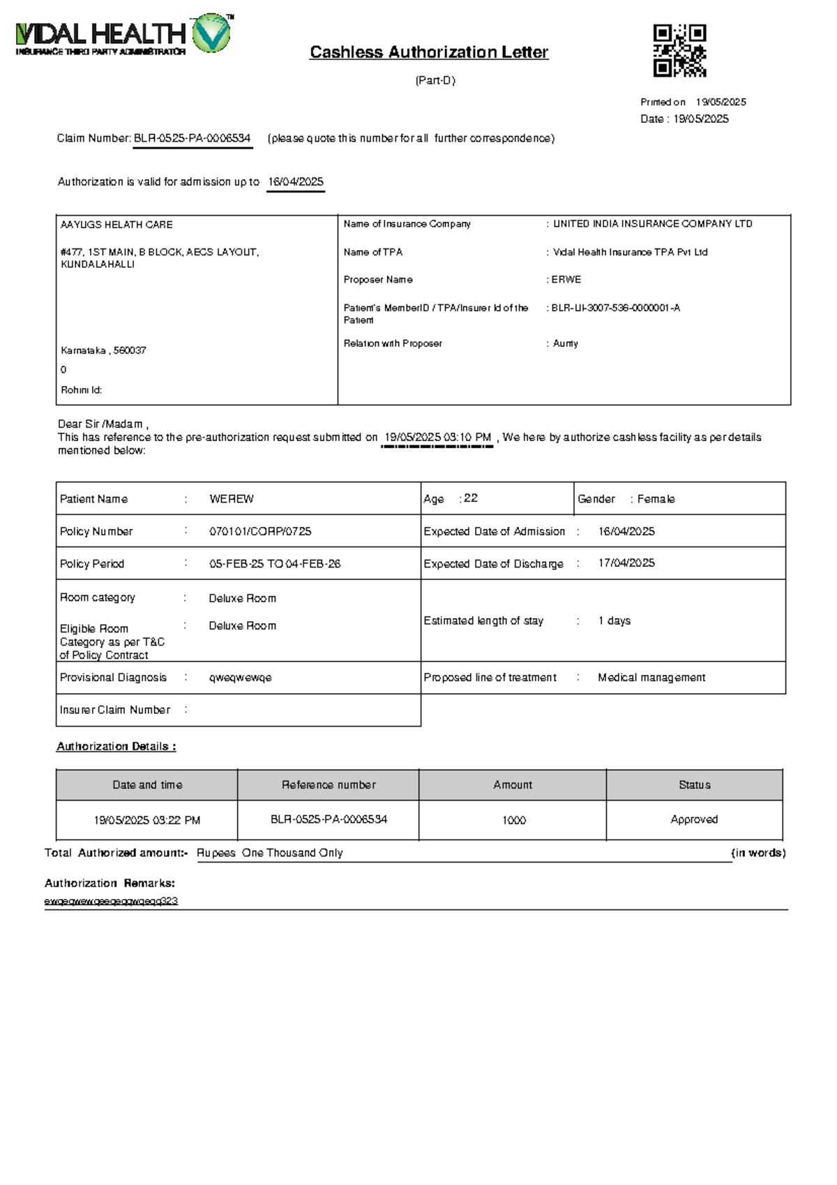 Cashless Authorization Letter for Claim No. AAYUGS - United India ...