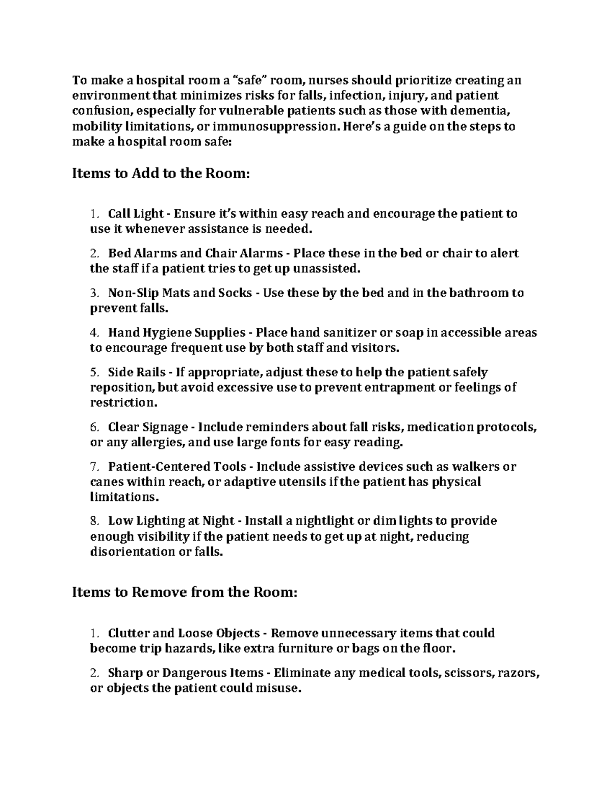 NUR 201 - Final Exam Notes on Creating Safe Hospital Rooms - Studocu