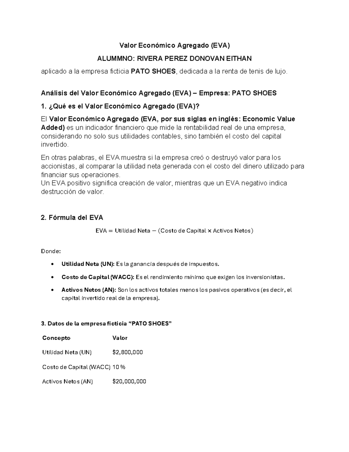 Análisis del Valor Económico Agregado (EVA) en PATO SHOES - Studocu