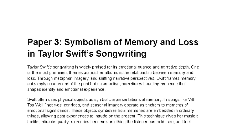 Research 7: Symbolism of Memory in Taylor Swift's Songwriting - Studocu