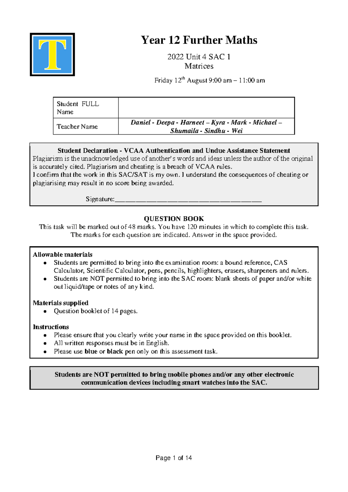 Year 12 Further Maths 2022 Unit 4 SAC 1: Matrices Exam Guide - Studocu