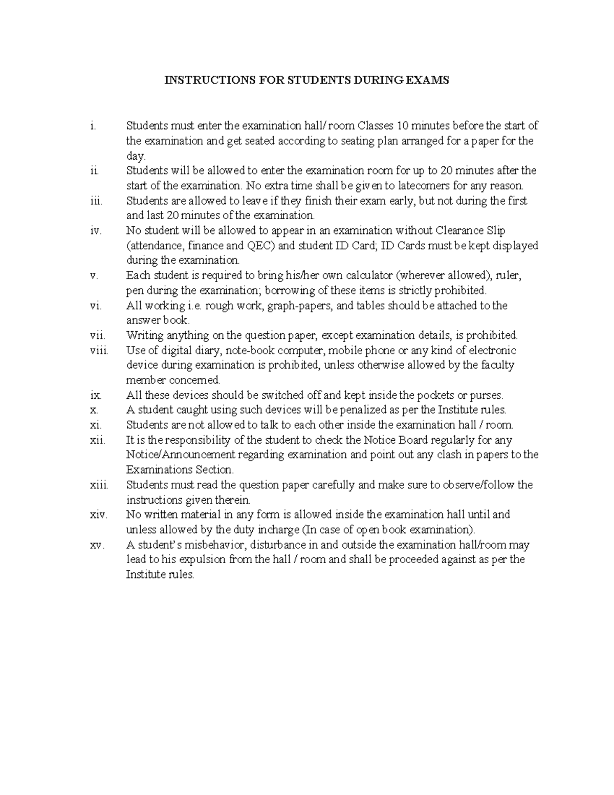 Instructions FOR Students During Exams - INSTRUCTIONS FOR STUDENTS ...