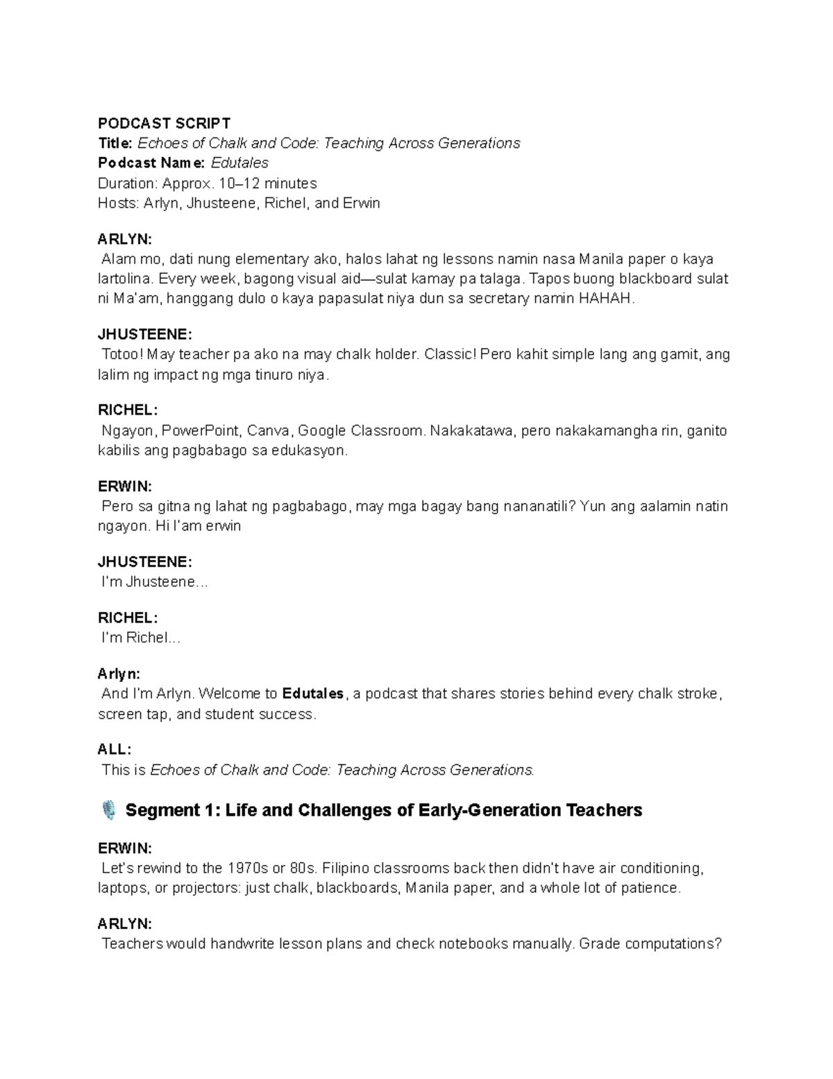 Echoes of Chalk and Code: Teaching Across Generations Podcast Script - Studocu