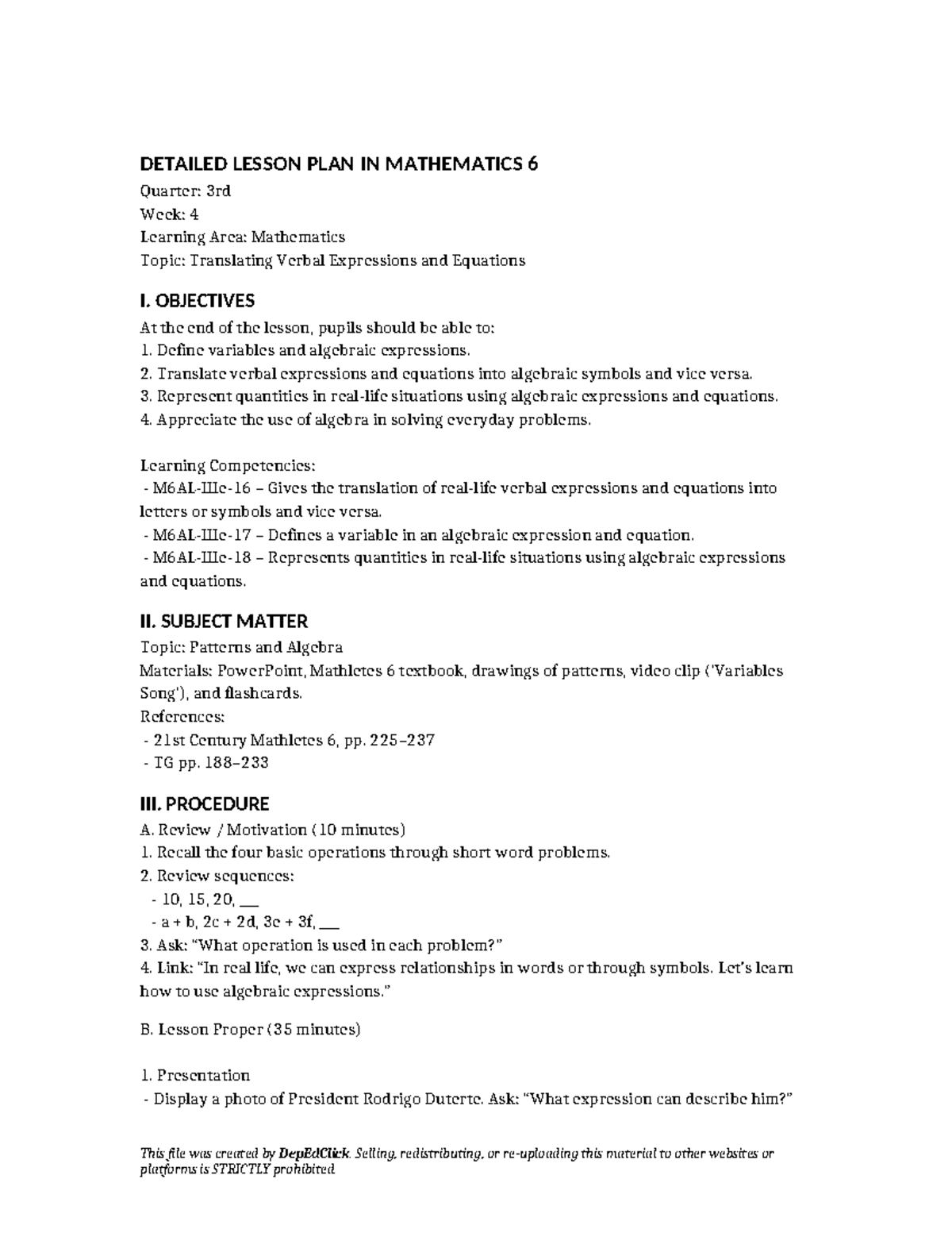 DLP Math 6 Q3: Translating Verbal Expressions & Equations Lesson Plan ...