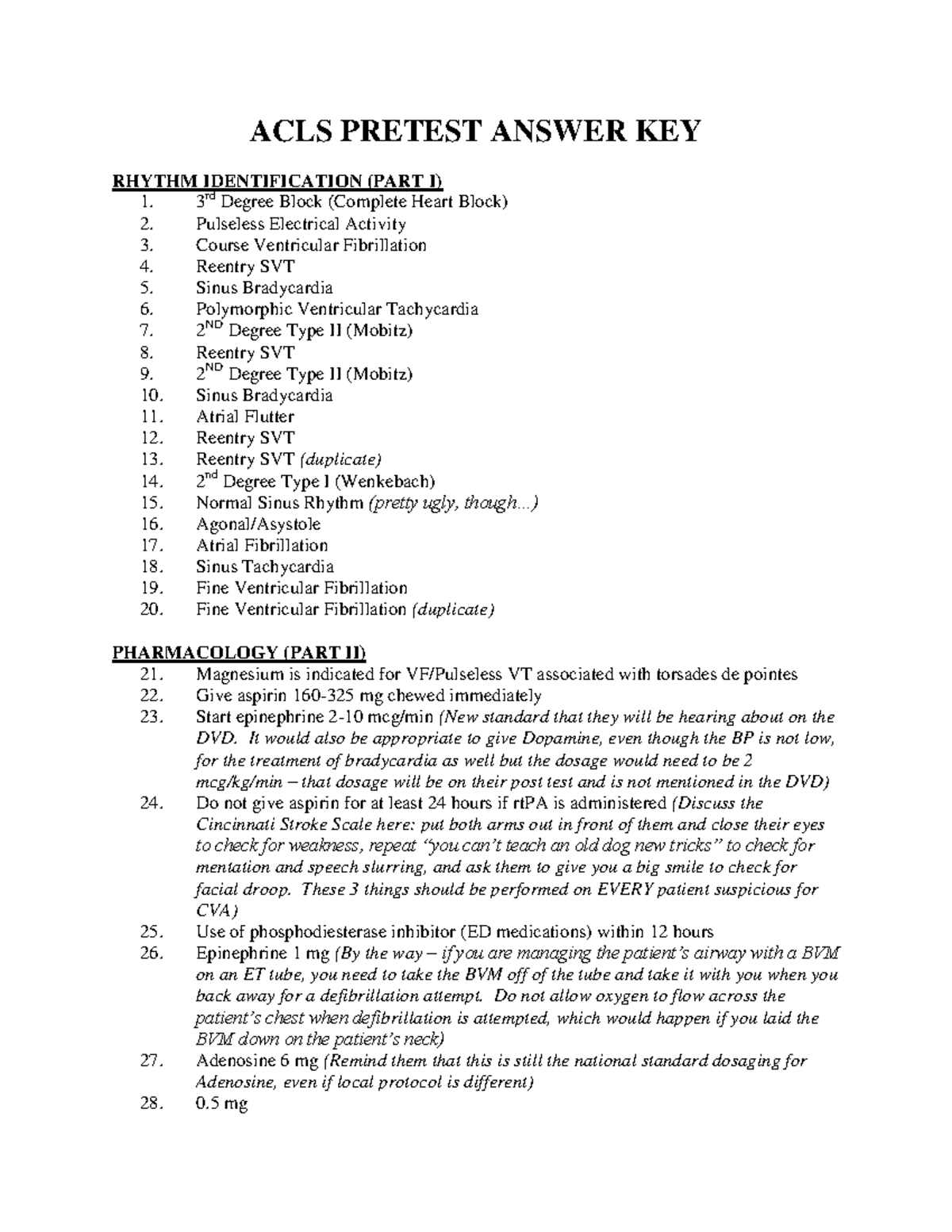 ACLS PRETEST ANSWER KEY: RHYTHM IDENTIFICATION & PHARMACOLOGY - Studocu