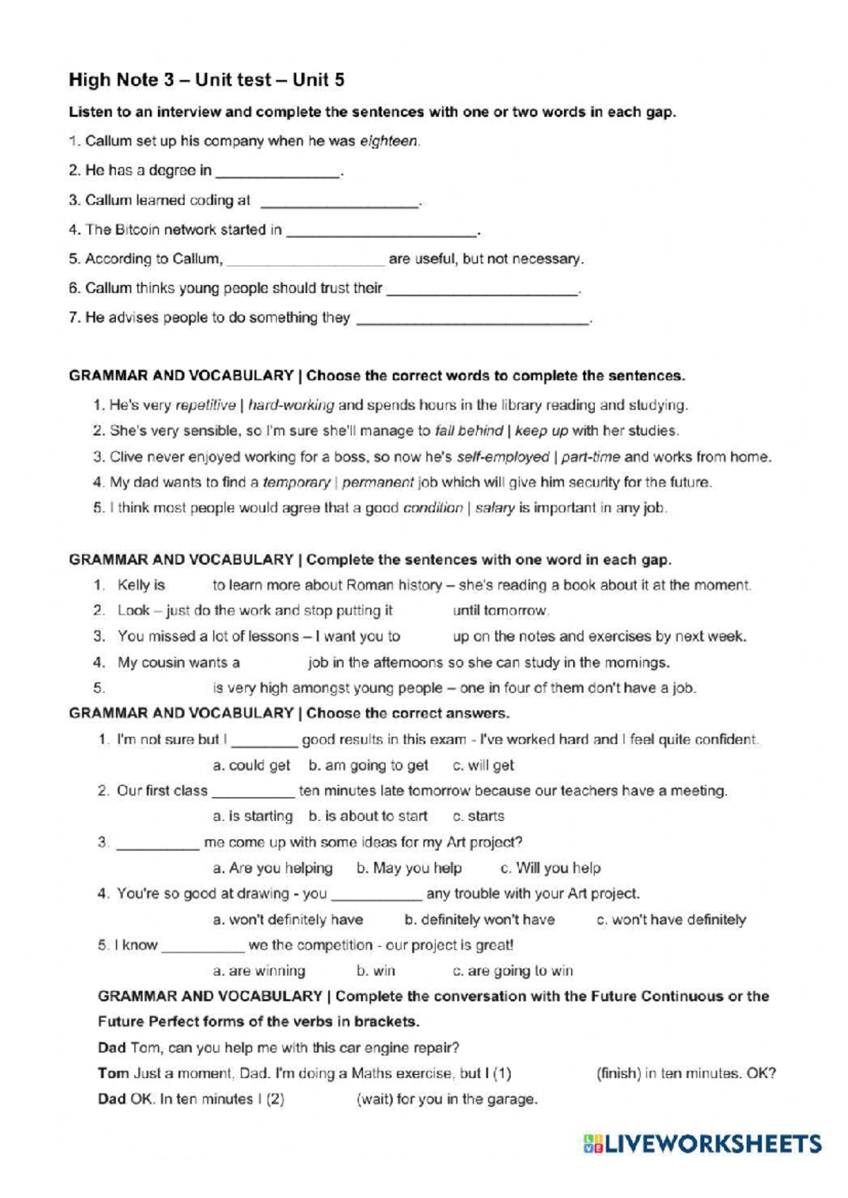 Hussign Unit 5 Test: Interview Listening & Grammar Exercises - Studocu