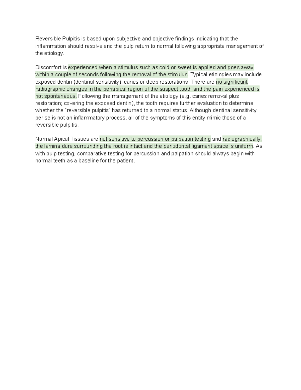 ENDO CASE - notes - Reversible Pulpitis is based upon subjective and ...