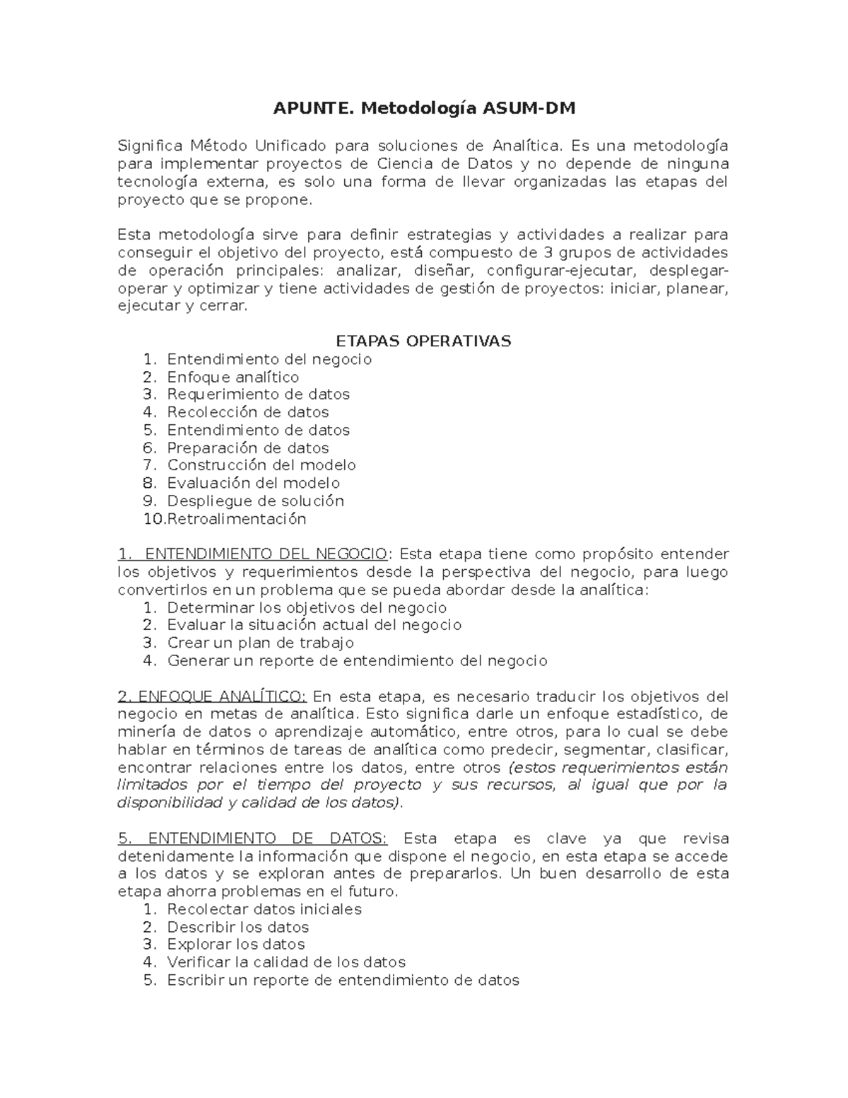 Apunte 2: Metodología ASUM-DM para Proyectos de Ciencia de Datos - Studocu