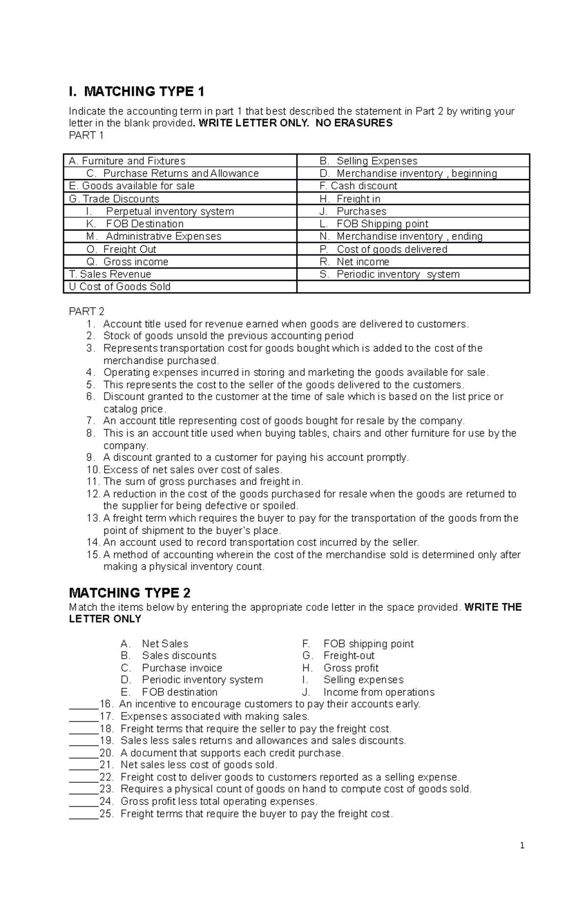 Matching Type Review - Accounting Terms & Concepts (ACC 101) - Studocu
