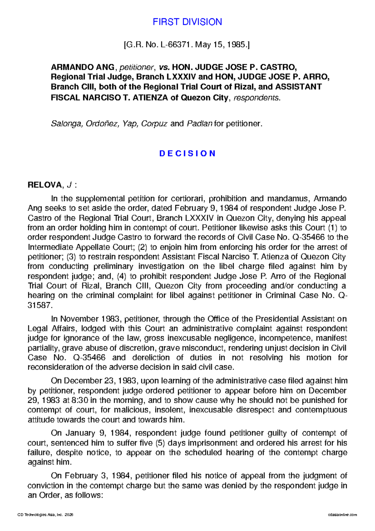 Ang v. Castro: Petition for Certiorari and Prohibition Case Analysis ...