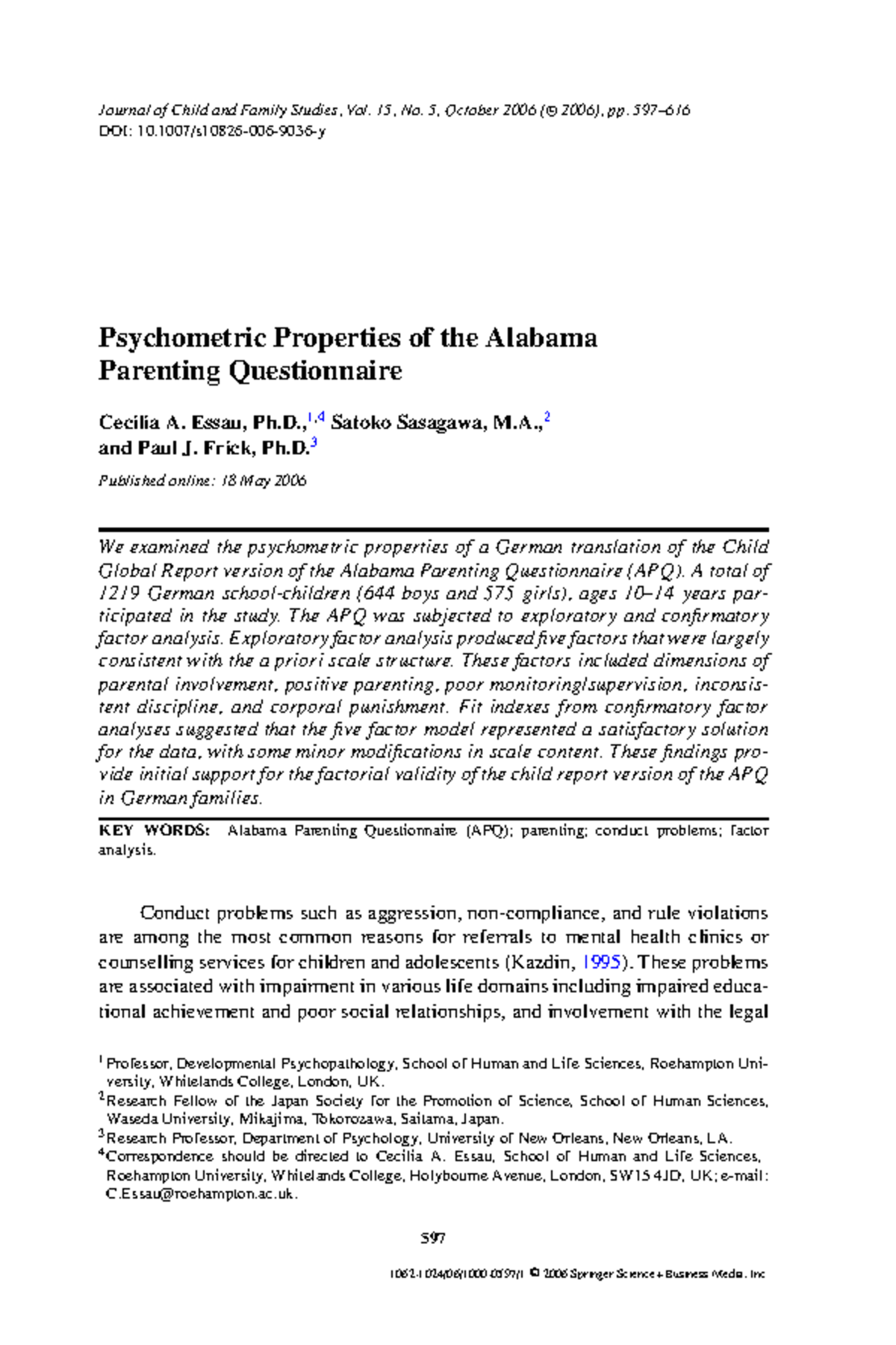 Psychometric Properties of the Alabama Parenting Questionnaire (APQ ...