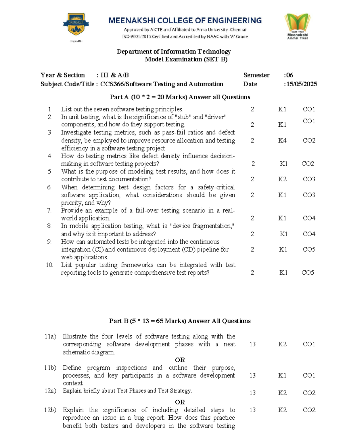 IT 101 Model Exam: Testing & Automation (SET B) - Year/Semester 06 ...
