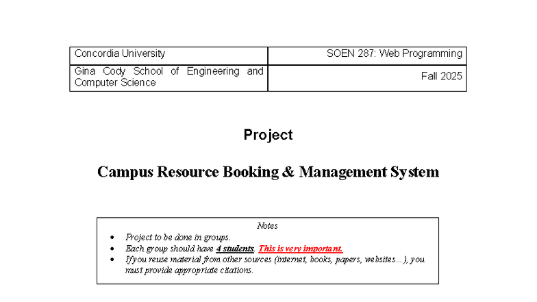 Concordia University SOEN 287: Project Notes on Campus Resource Booking ...
