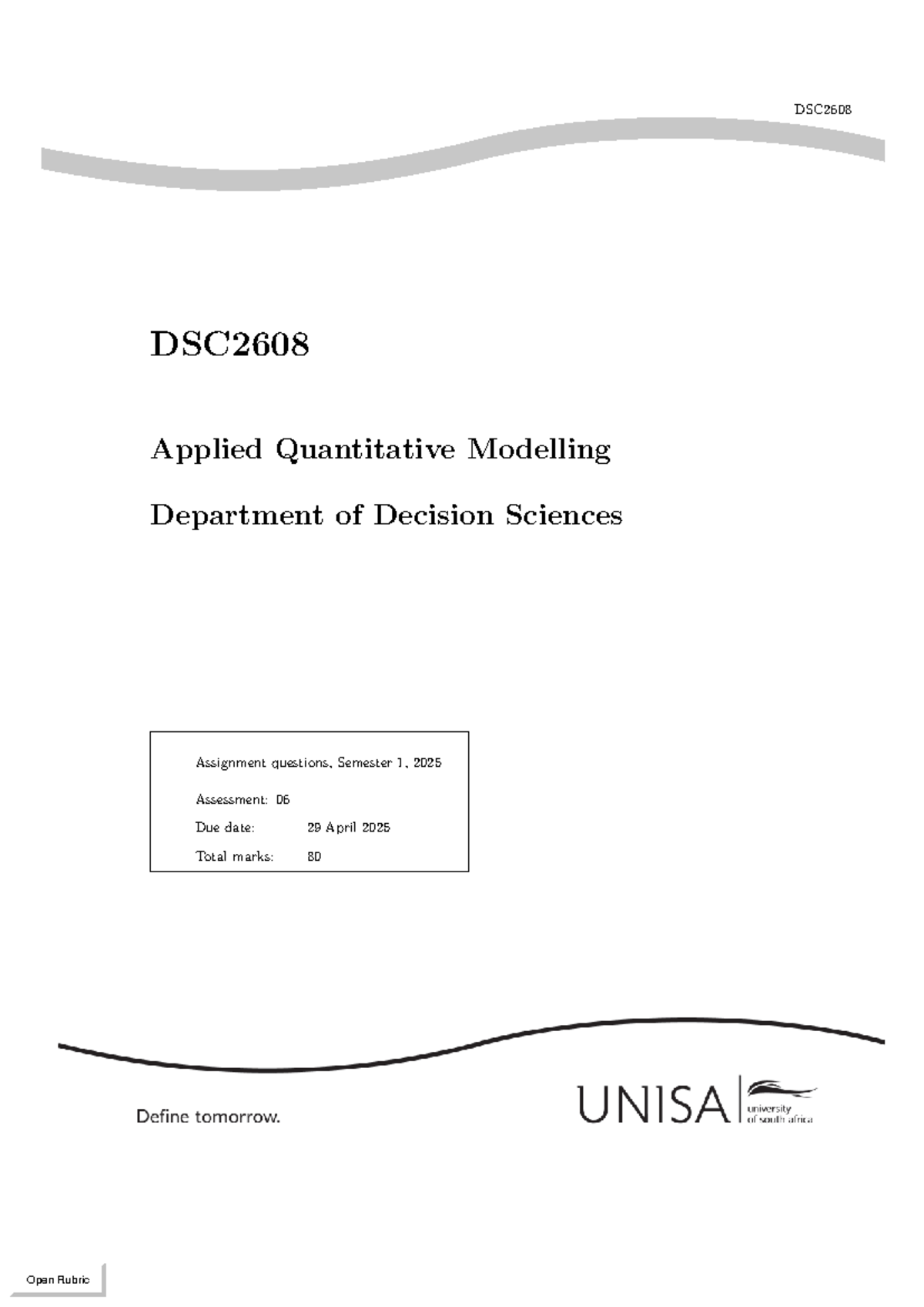Applied Quantitative Methods (DSC2608) - Assignment 06 Overview - Studocu