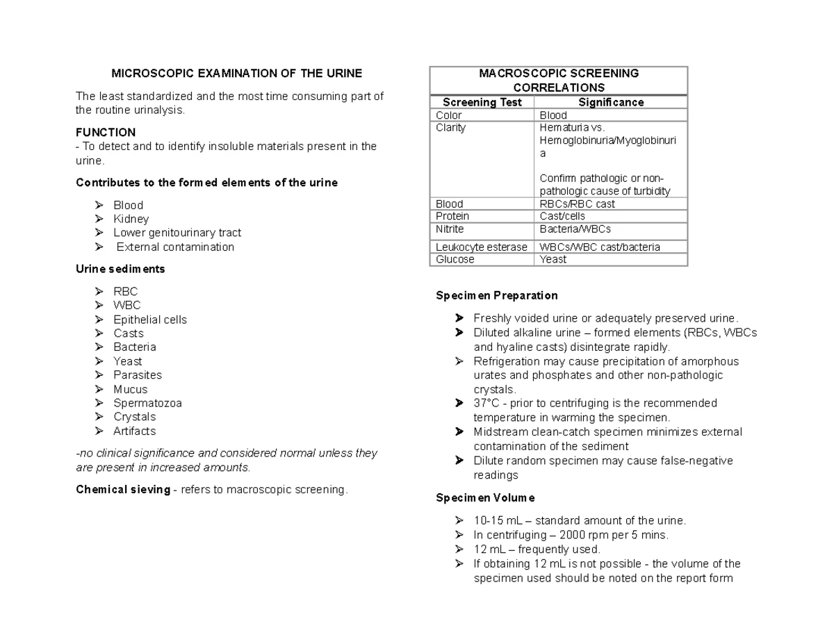 AUBF LAB [ Compiled Prelims] - ANALYSIS OF URINE AND OTHER BODY FLUIDS LABORATORY LECTURE 1 ...