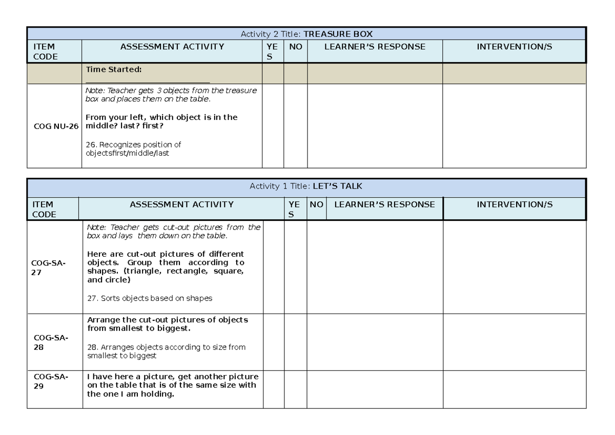 Activity 2: Treasure Box Assessment for Early Learning Skills - Studocu