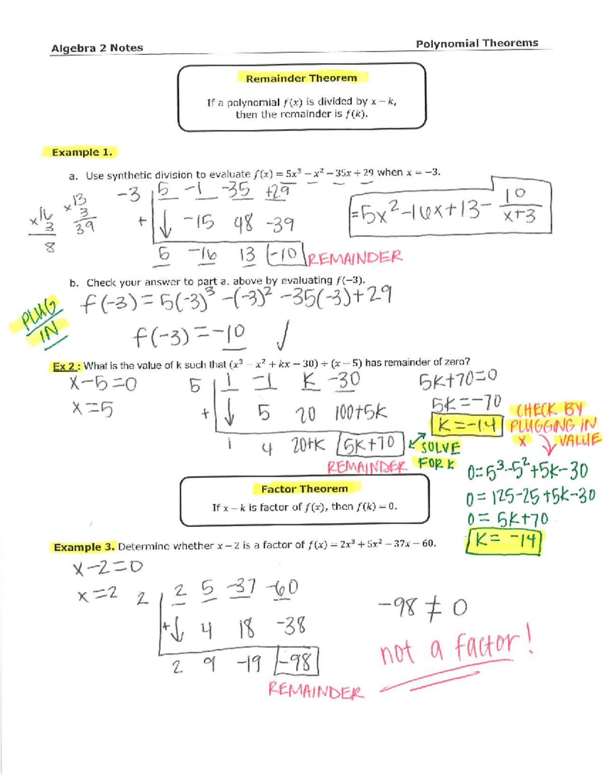 Algebra 2 Notes: Polynomial Theorems & Remainder Theorem - Studocu