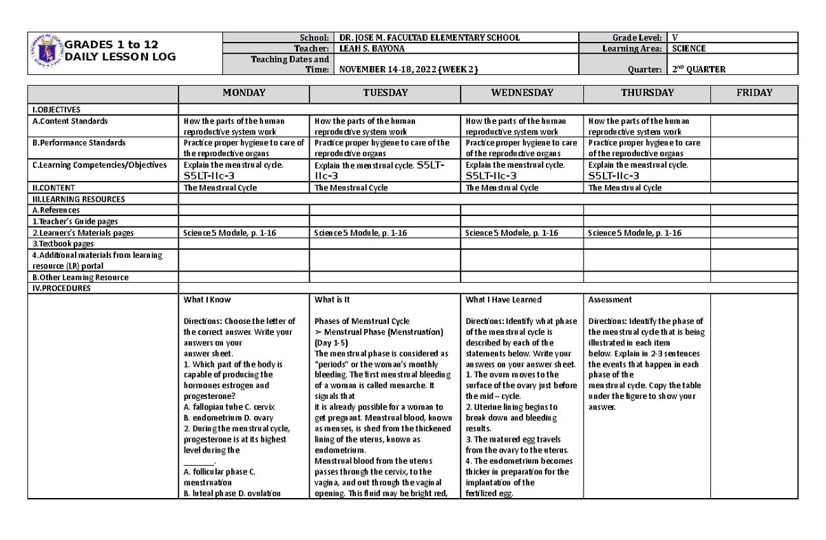 DLL Science 5 Q2 W2 - FOR REFERENCE - GRADES 1 to 12 DAILY LESSON LOG ...