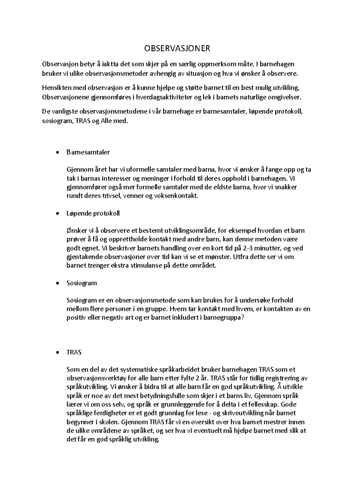 Observasjonsmetoder for Barnehagelærerutdanning: En Analyse - Studocu