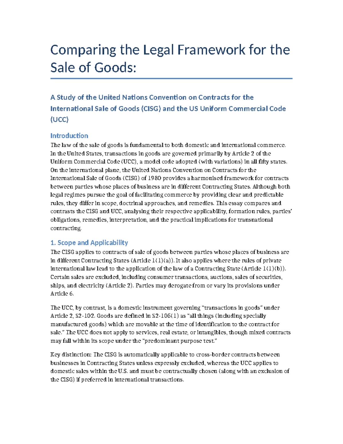 CISG vs UCC: A Comparative Study of Sales Law Frameworks - Studocu
