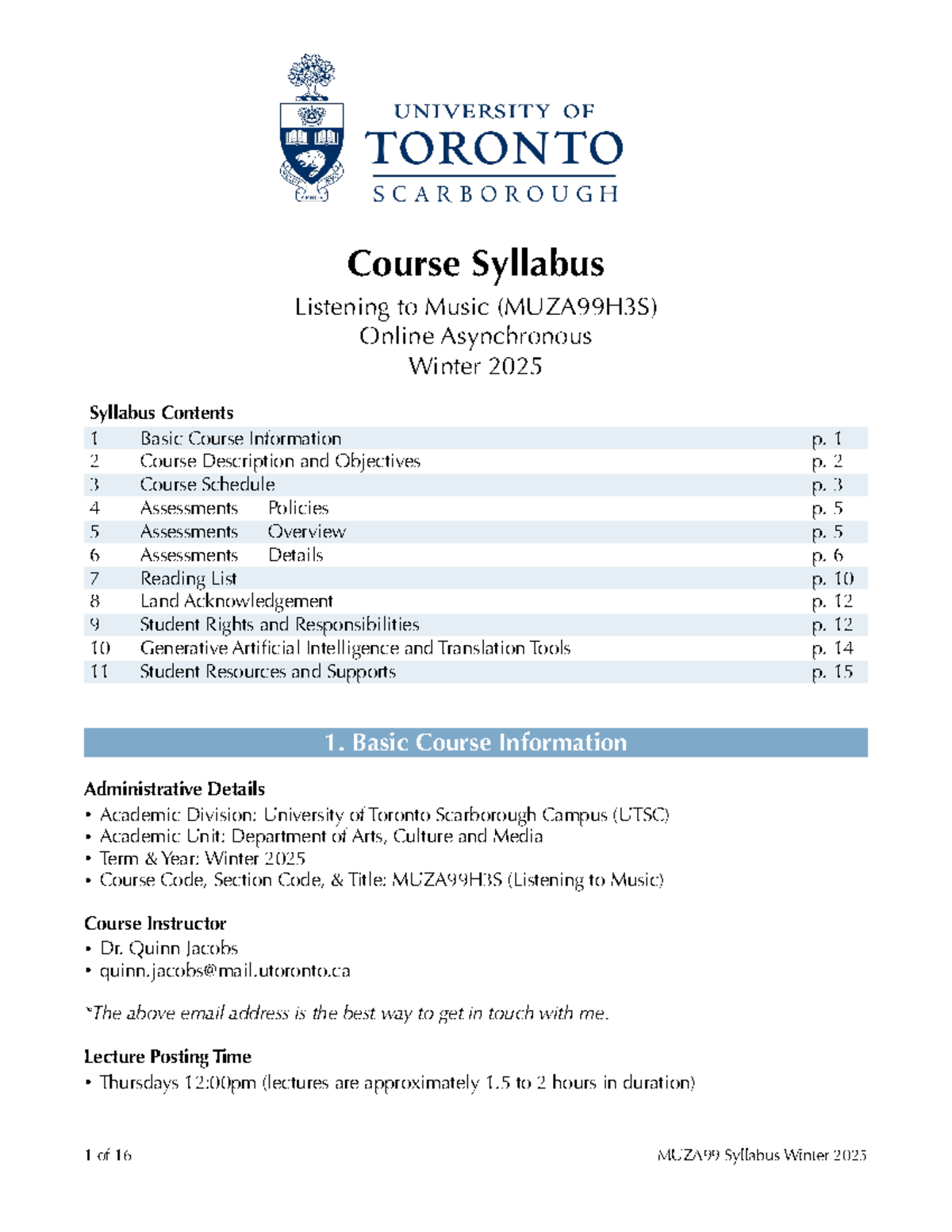 MUZA99H3S Syllabus for Listening to Music Course - Winter 2025 - Studocu