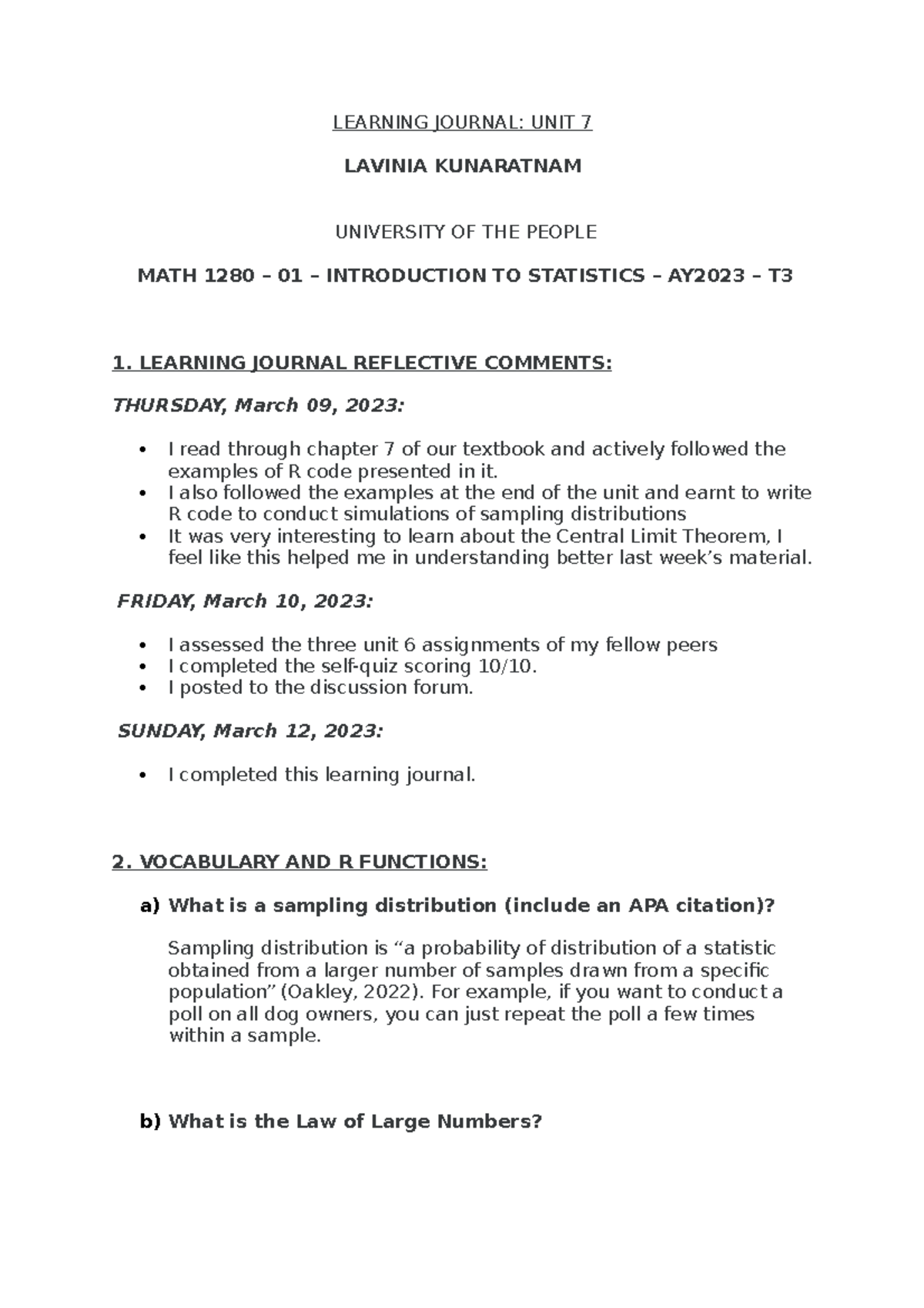 MATH 1280 UNIT 7 Reflective Learning Journal & R Code Insights - Studocu
