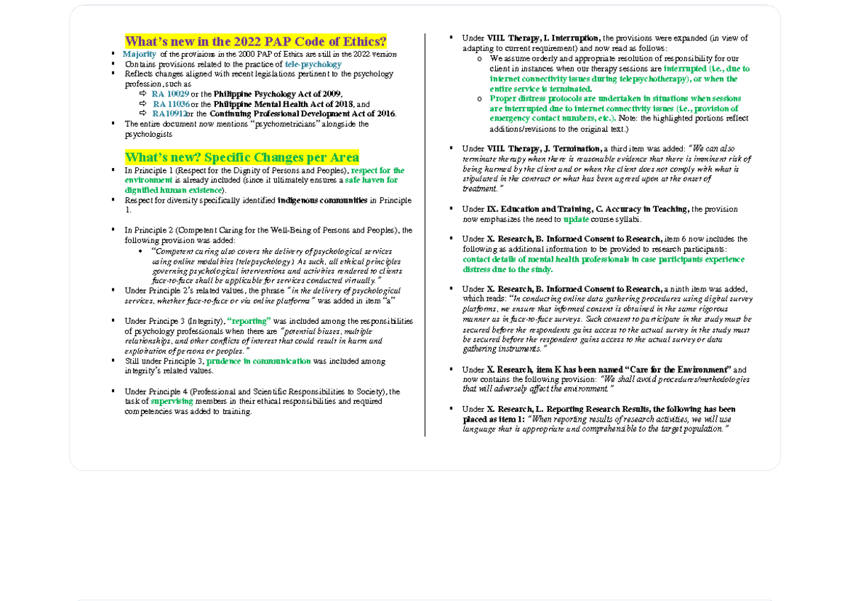 PAP Code of Ethics: Specific Changes and Updates - Studocu