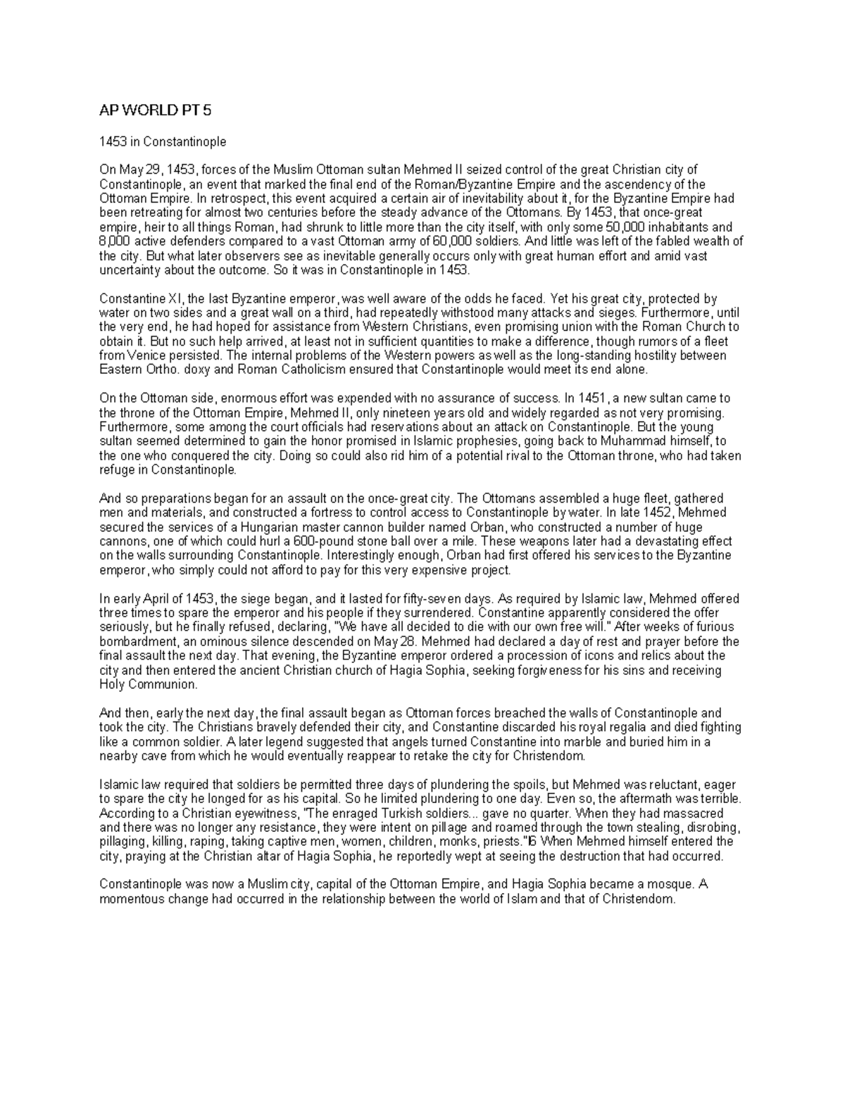 Final Exam Notes: AP WORLD - The Fall of Constantinople (1453) - Studocu