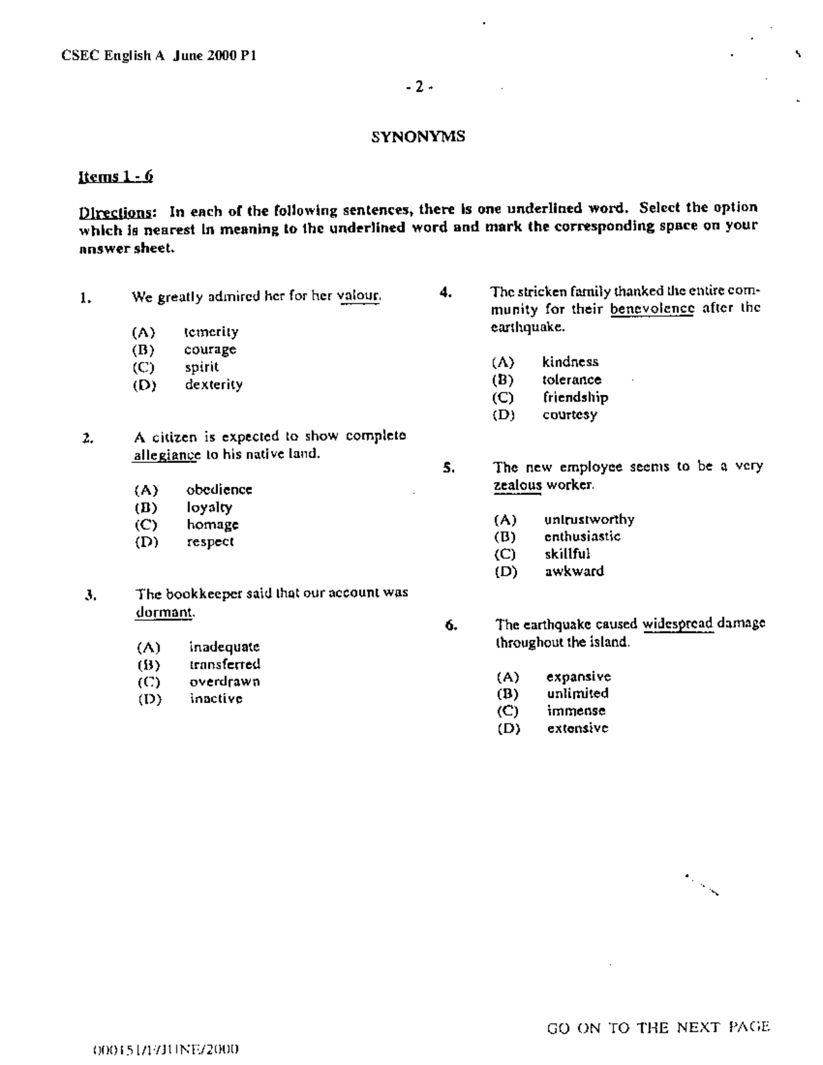 CSEC English A May/June 2000 Paper 1 Synonyms & Comprehension - Studocu