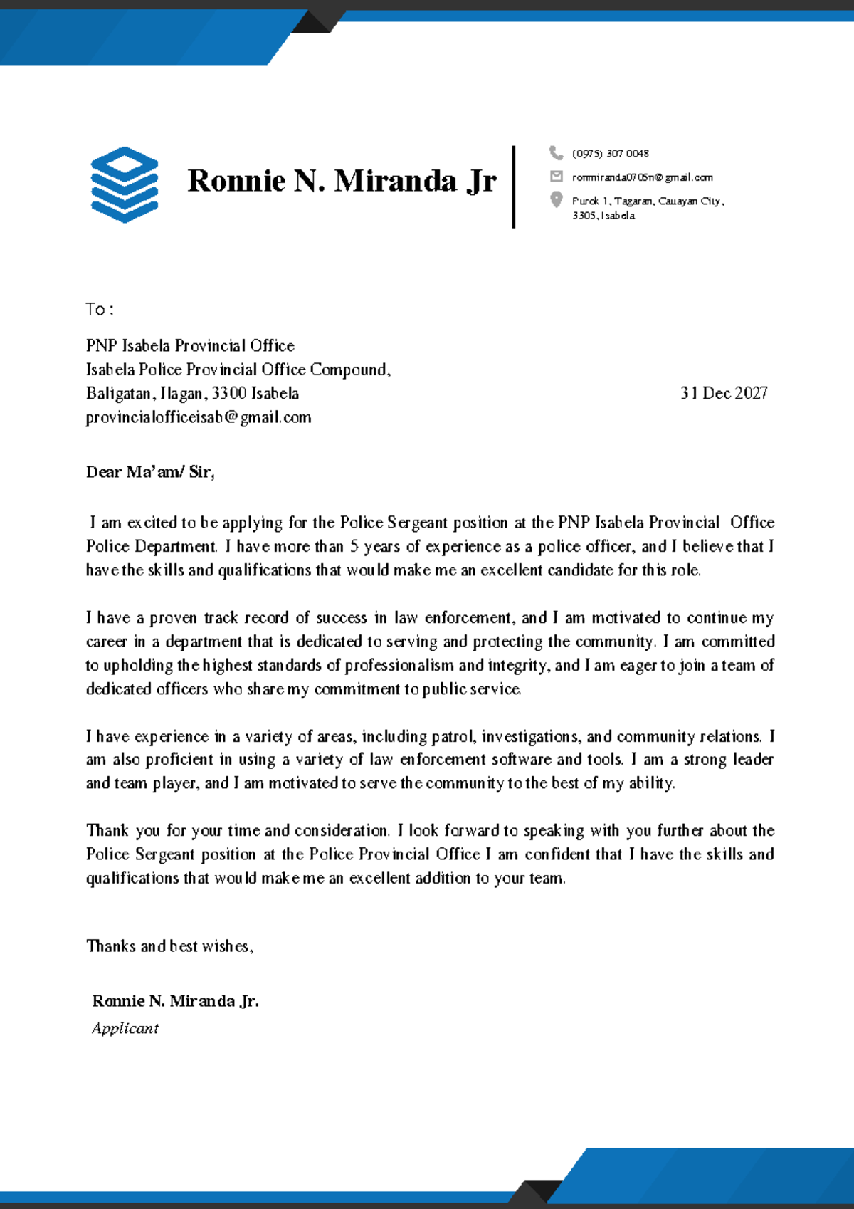 Application Letter - I am excited to be applying for the Police ...